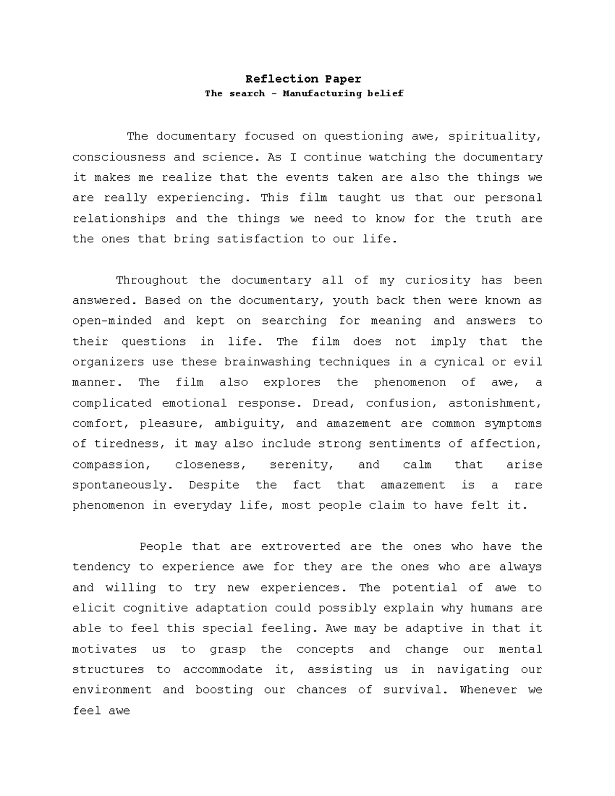 Hallare - Practice - Reflection Paper The search - Manufacturing belief ...