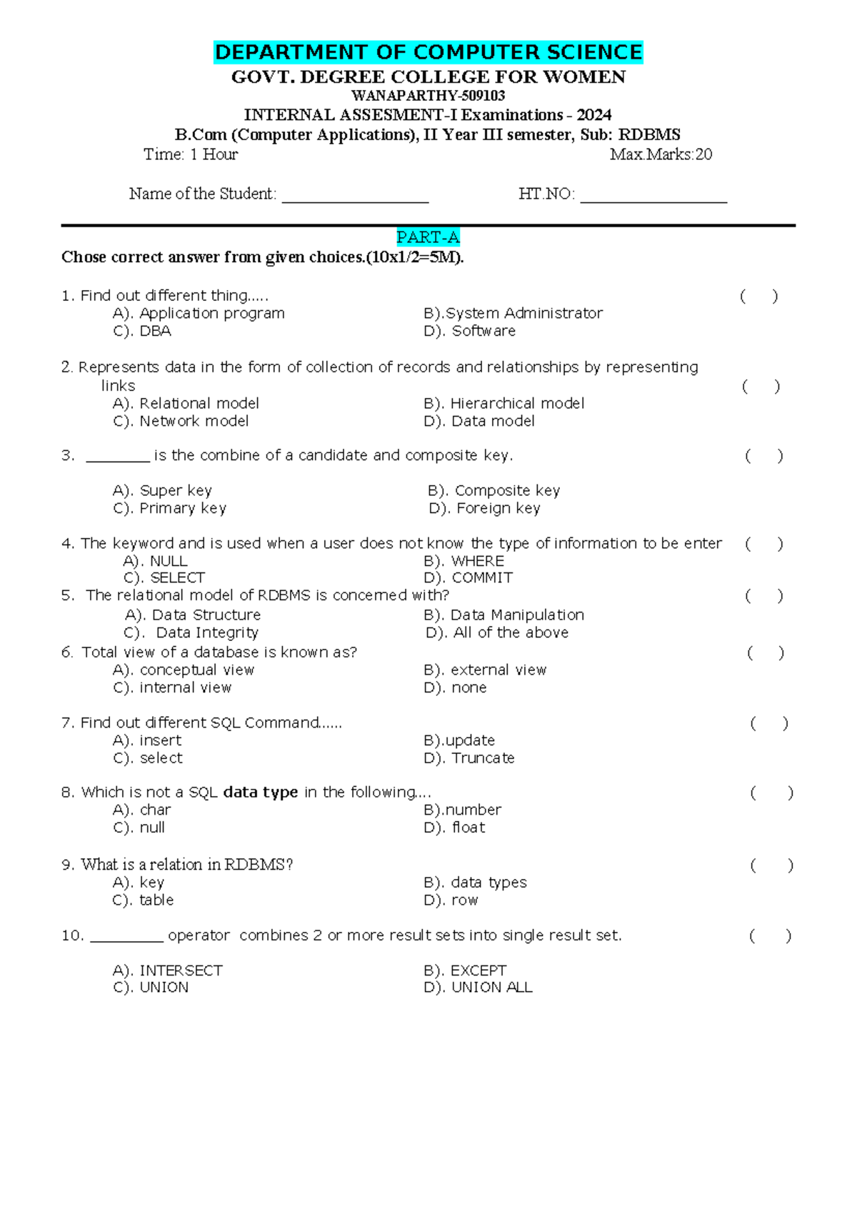 BCOM dbms internal 1 gdcw - DEPARTMENT OF COMPUTER SCIENCE GOVT. DEGREE ...