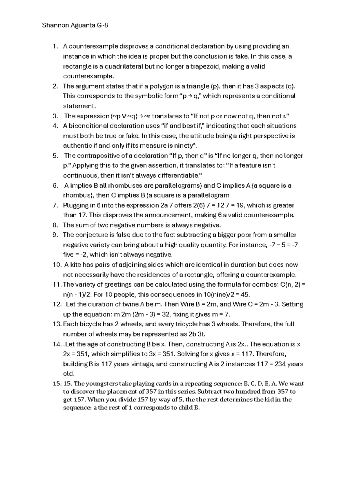 Solution for Math - MATH - Shannon Aguanta G- 8 1. A counterexample disproves a conditional ...