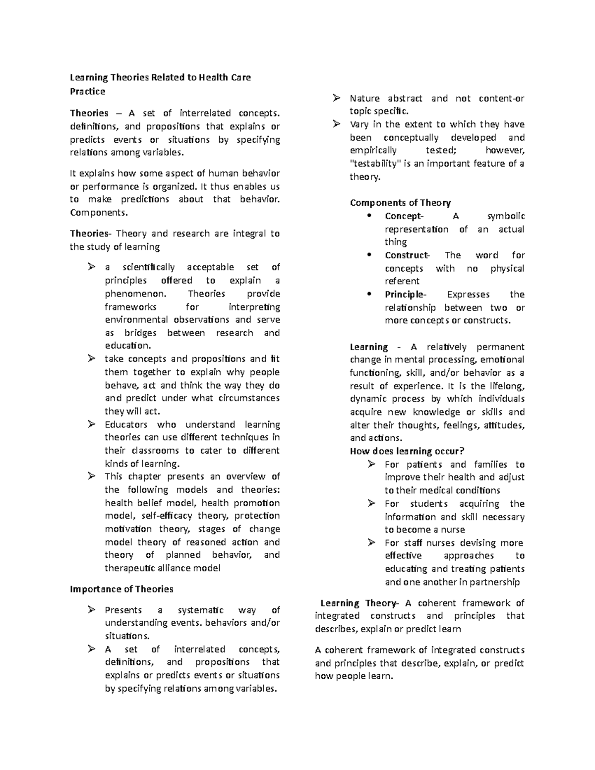 Week-2 - Lecture notes Learning Theories Related to Health Care ...