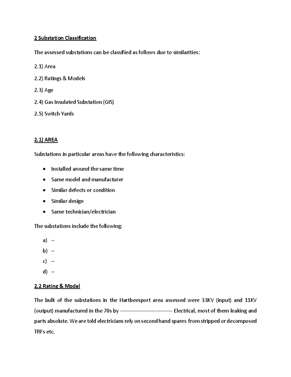 Substation Classification Report - 2 Substation Classification The ...