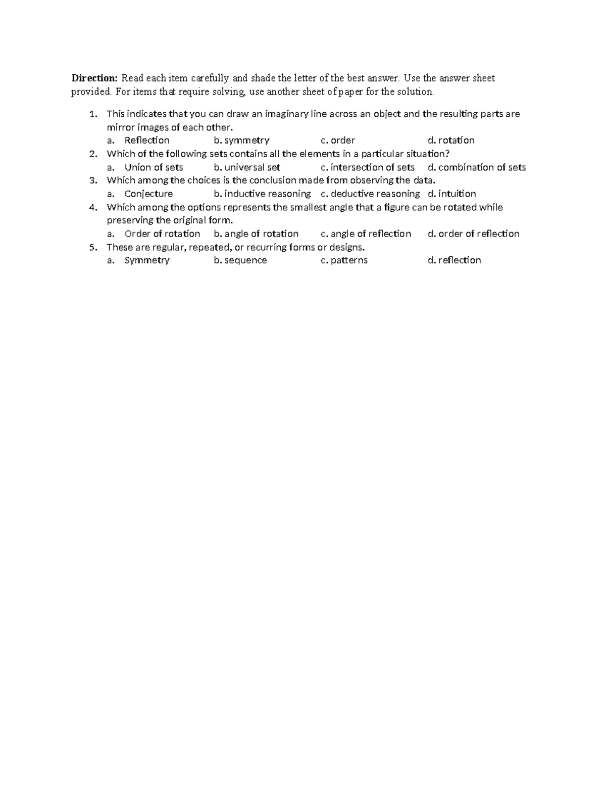 Exam - short test - Direction: Read each item carefully and shade the ...