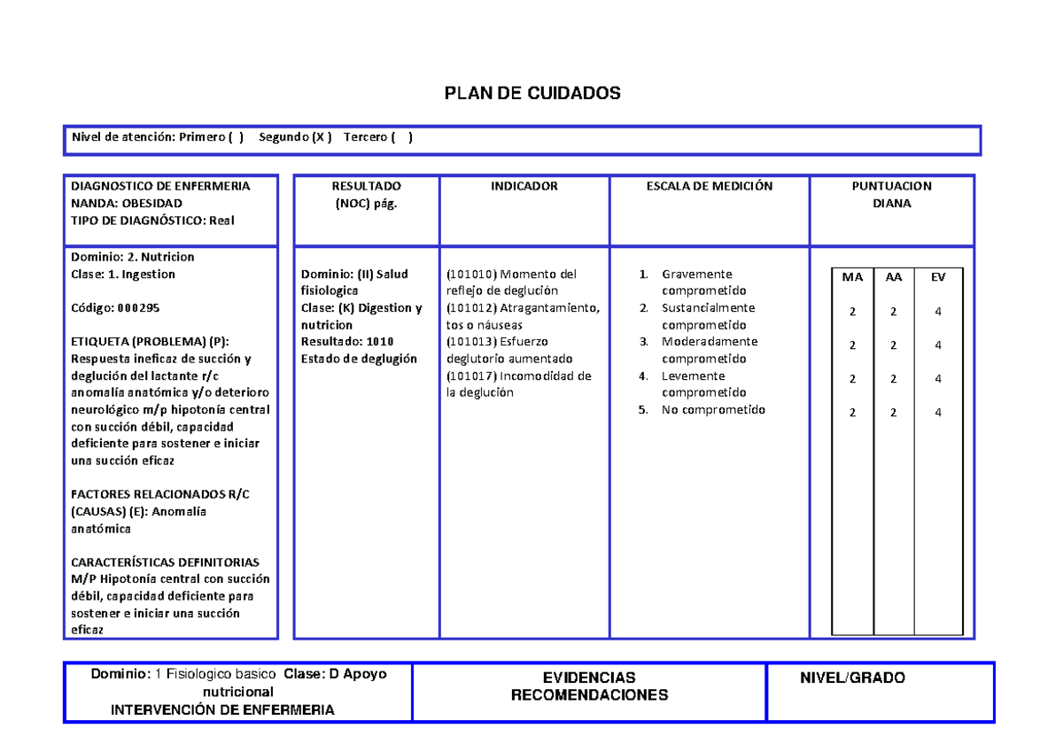 Formato PLAN DE Cuidados - PLAN DE CUIDADOS Nivel de atención: Primero ( ) Segundo (X ) Tercero ...