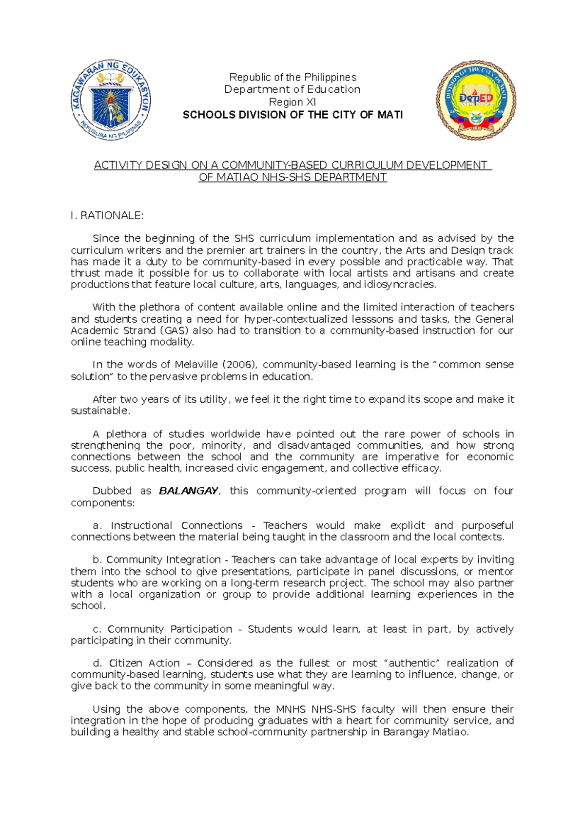 Activity Design Community Based Curriculum Development - Republic of ...