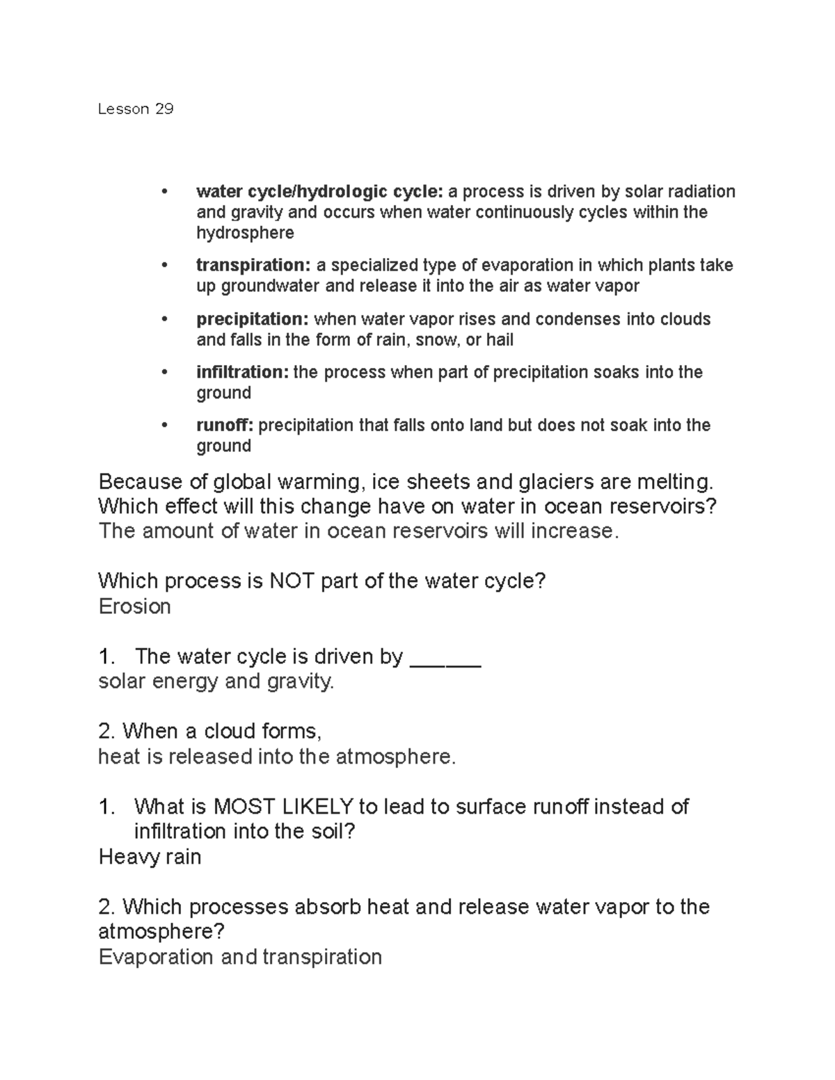 Earth and sky lesson 29-31 - Lesson 29 - water cycle/hydrologic cycle ...