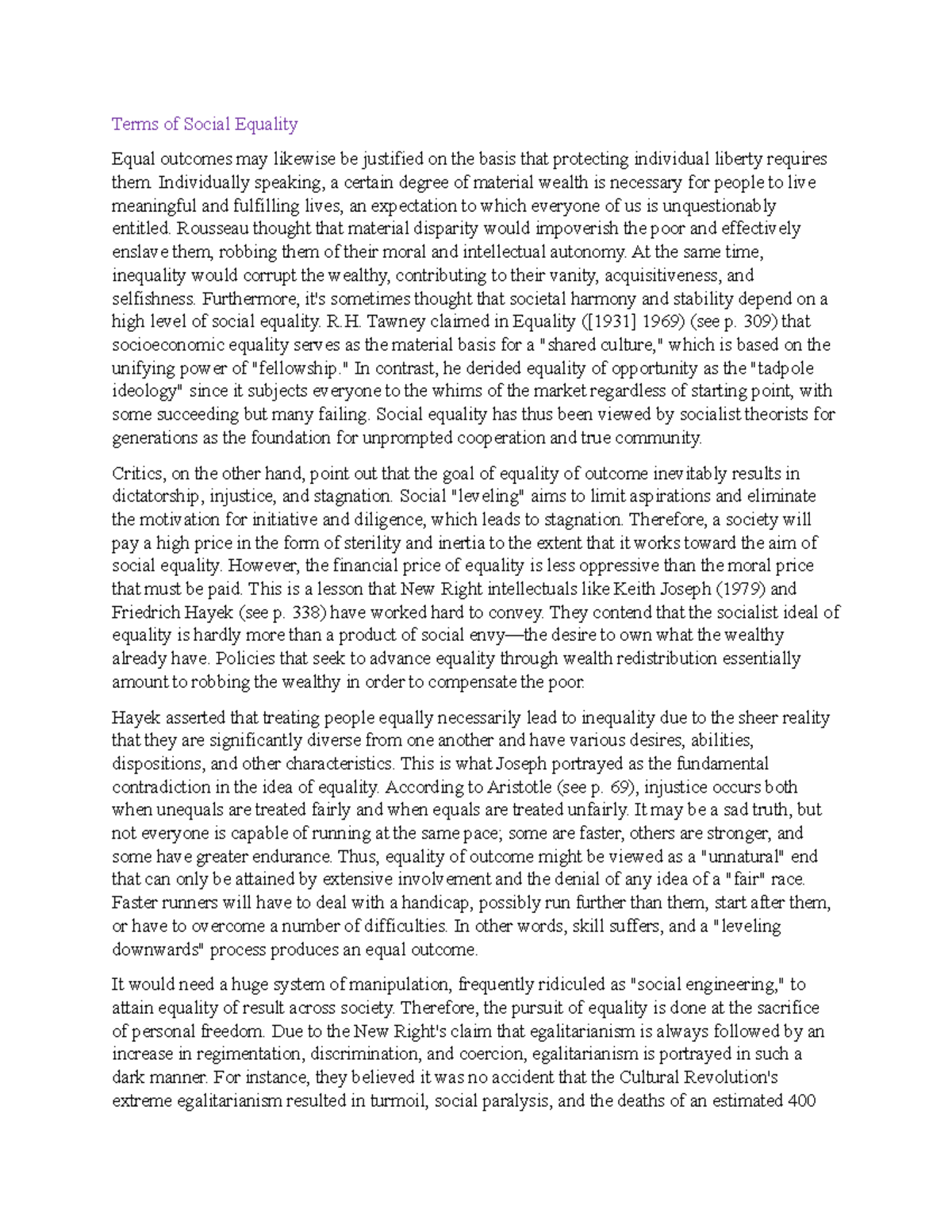 Terms of Social Equality - Terms of Social Equality Equal outcomes may ...