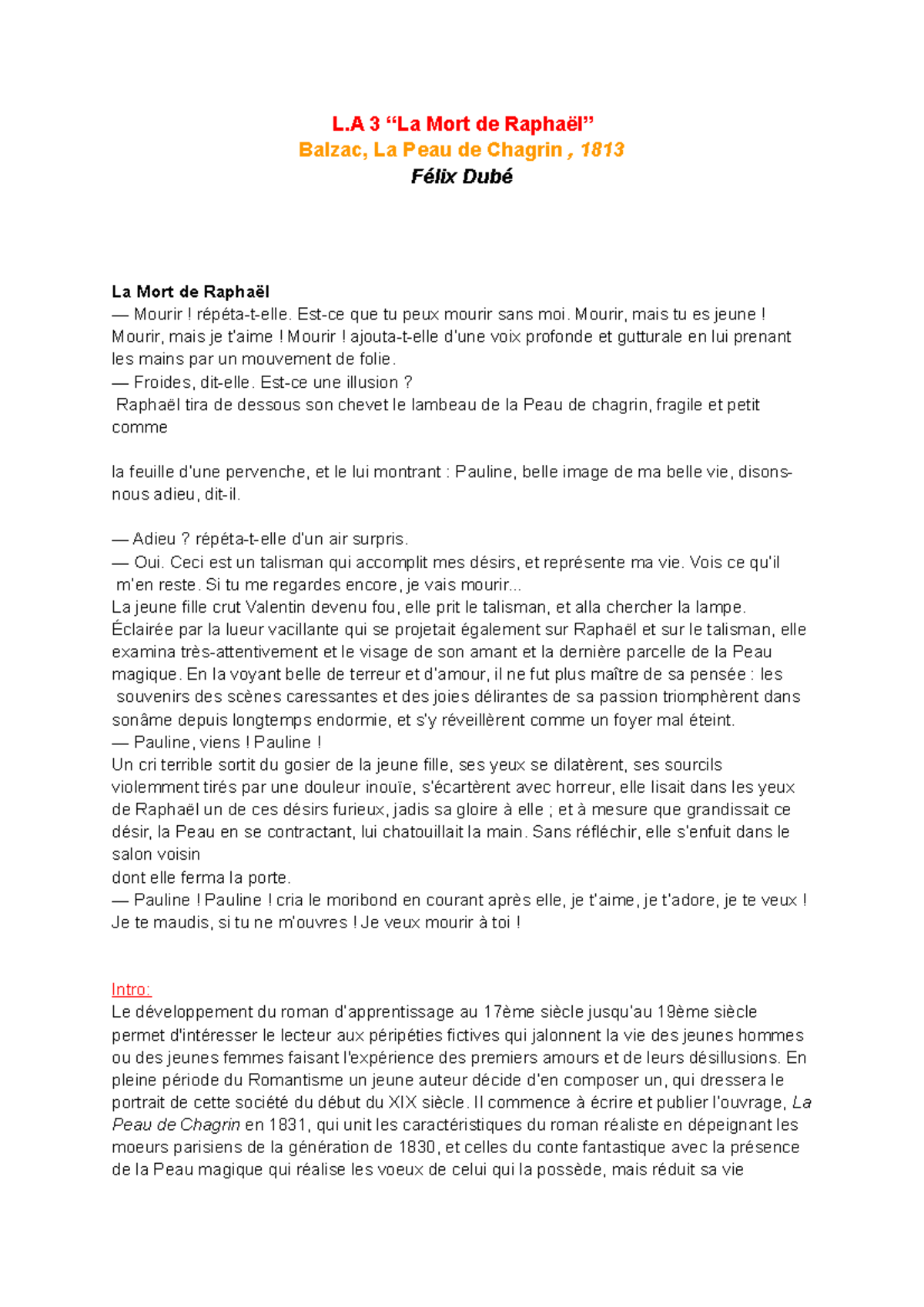 L.A 3 La Mort de Raphaël - L 3 “La Mort de Raphaël” Balzac, La Peau de ...
