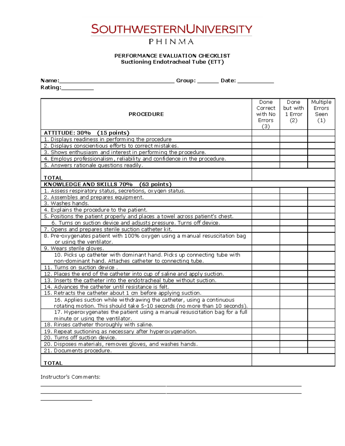 Suctioning - notes - PERFORMANCE EVALUATION CHECKLIST Suctioning ...