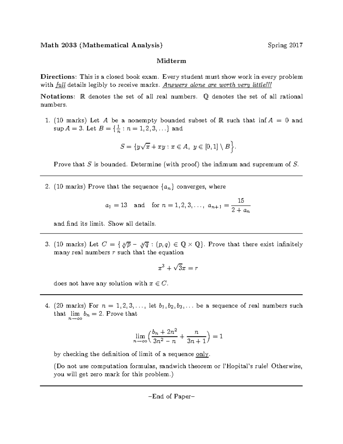 2017 midterm - Math 2033 (Mathematical Analysis) Spring 2017 Midterm Directions: This is a ...