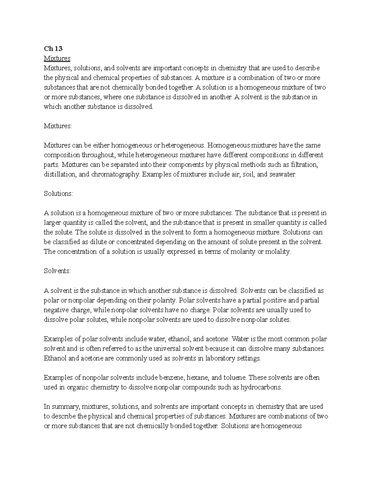 CHEM 1412 Ch 13 Notes - Ch 13 Mixtures Mixtures, solutions, and ...
