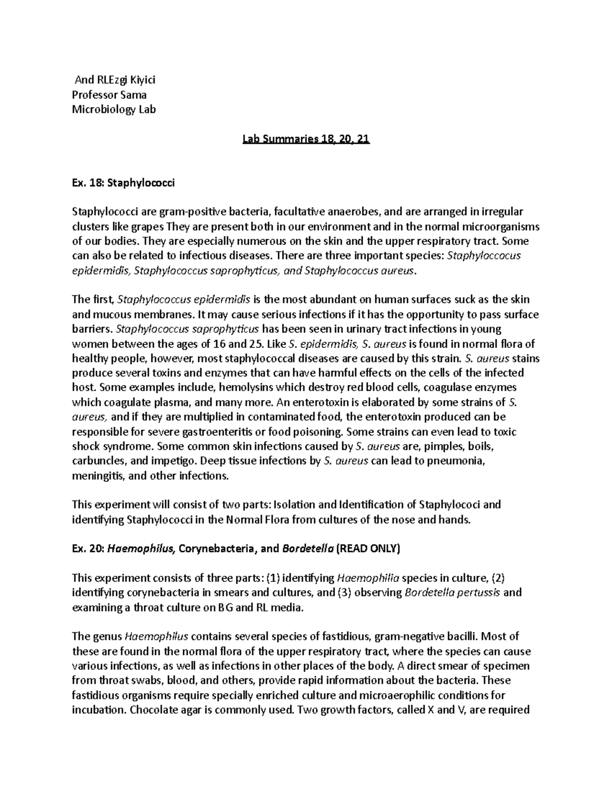 Lab 18, 20, 21 Summaries - And RLEzgi Kiyici Professor Sama ...