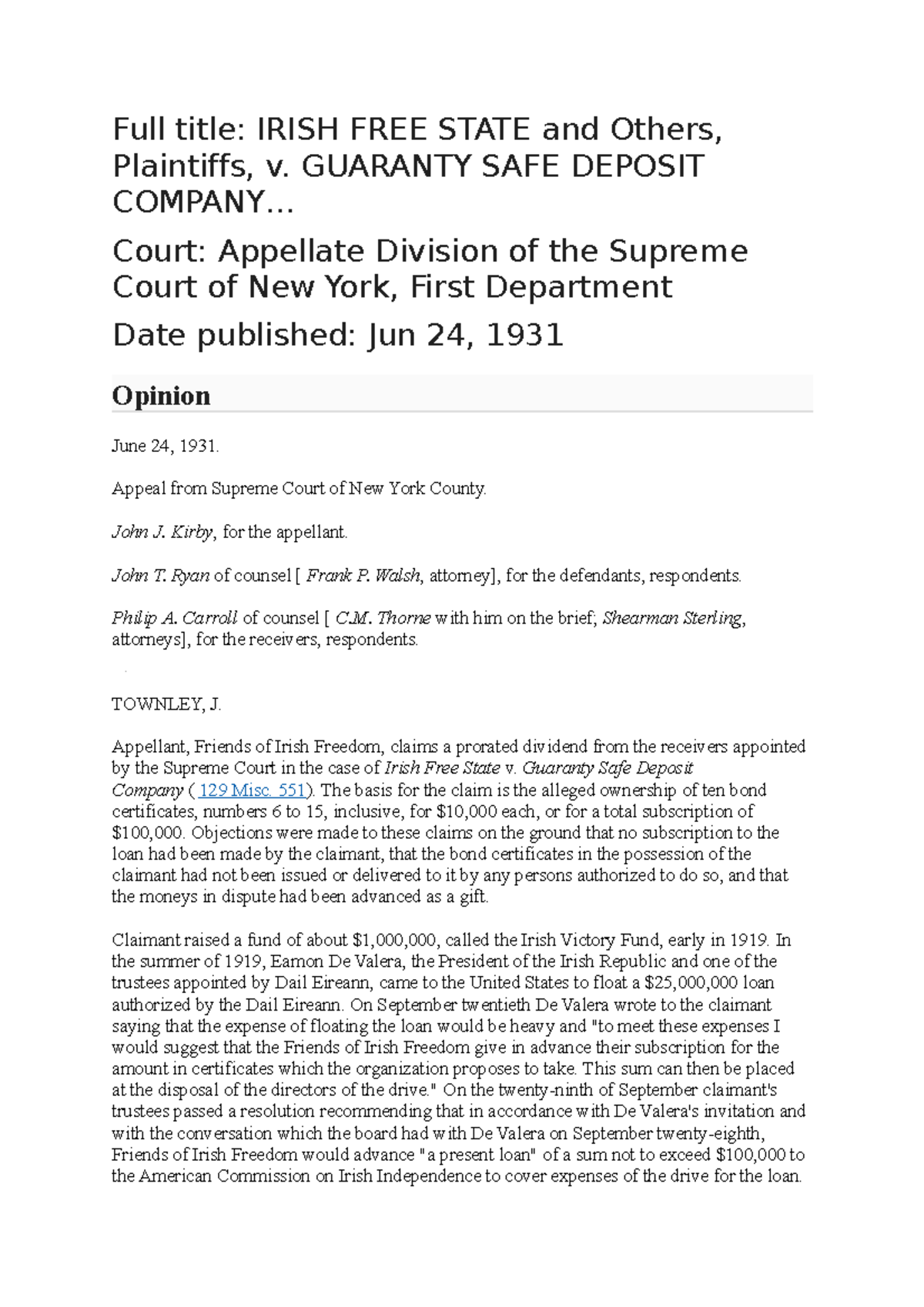 Irish Free State v. Guaranty Safe Deposit Co. 1931 Appeal - Full title ...