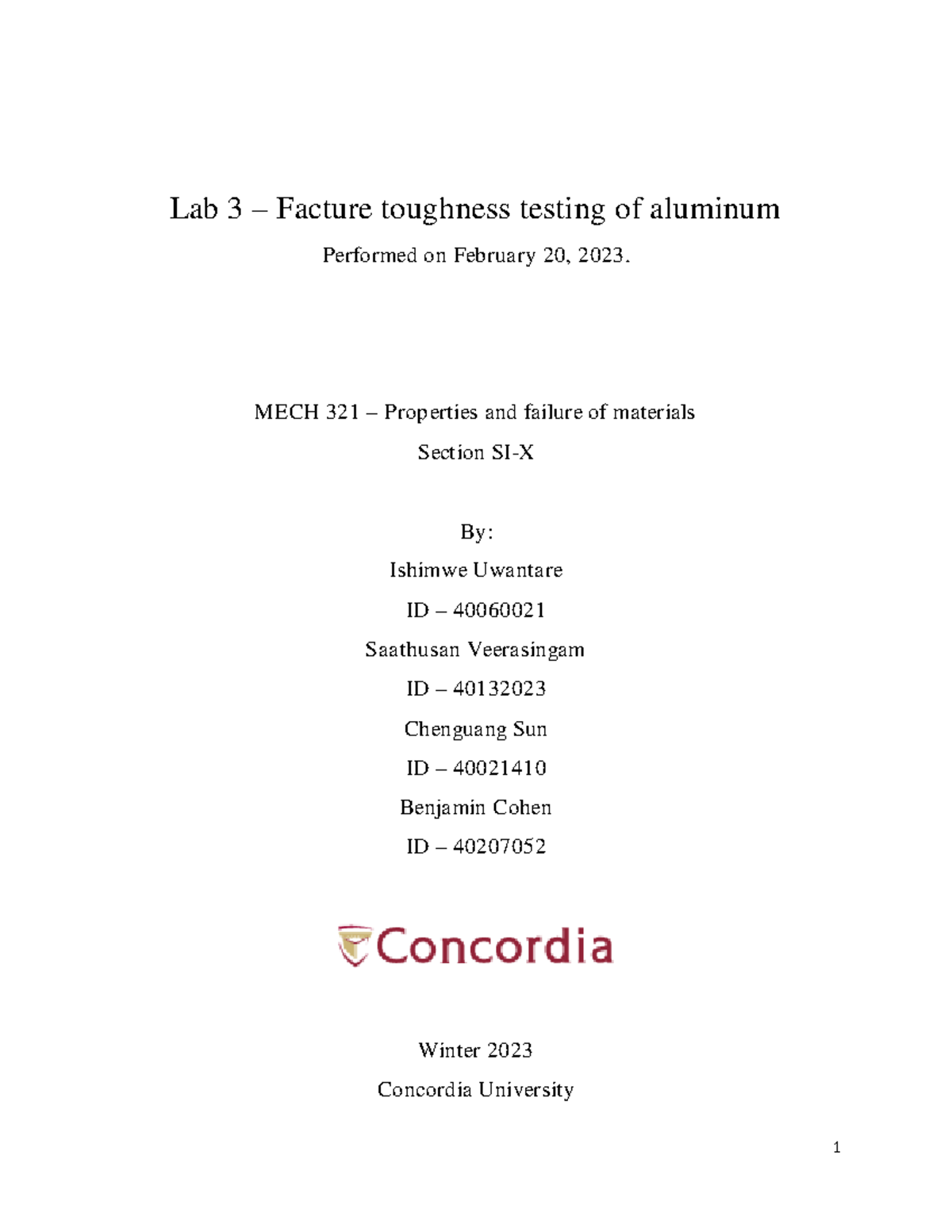 MECH 321 Lab 3 report - LAB 3 - Lab 3 – Facture toughness testing of ...