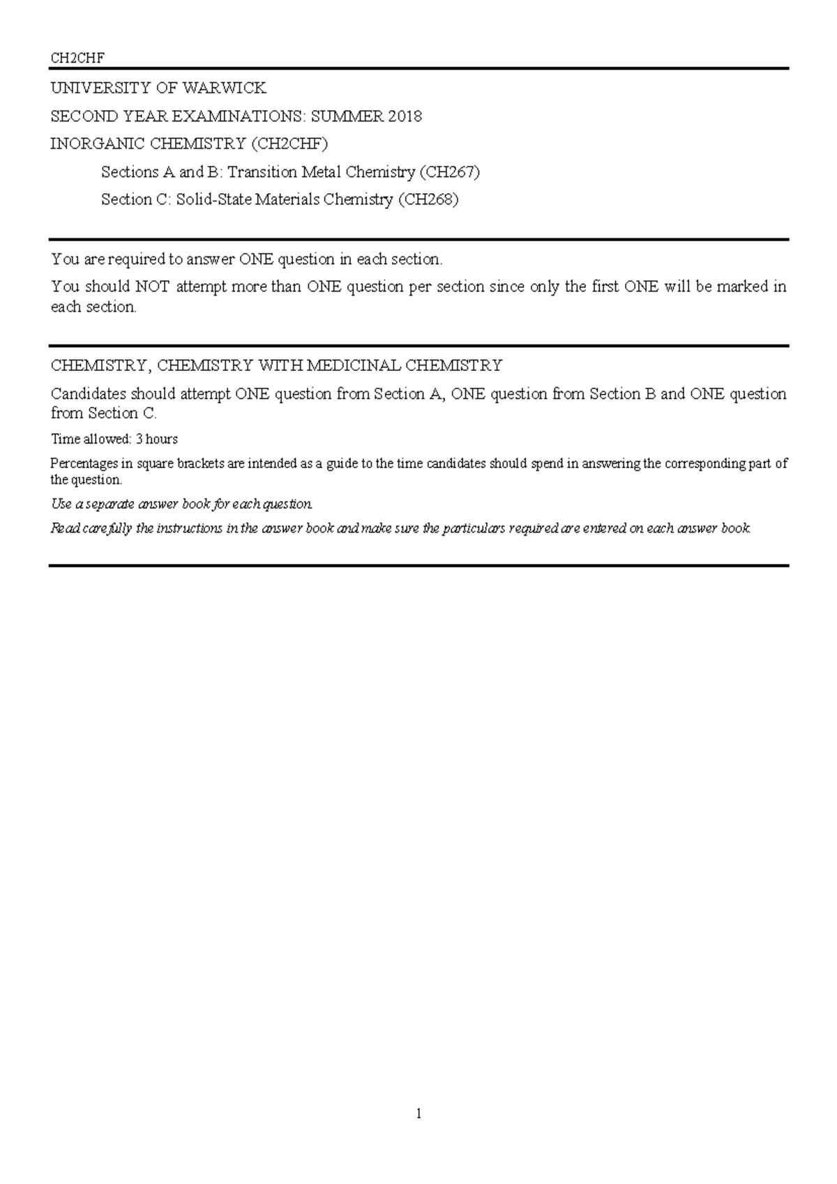 Ch268 summer 2018 - Chemistry Past Papers Warwick university from the ...