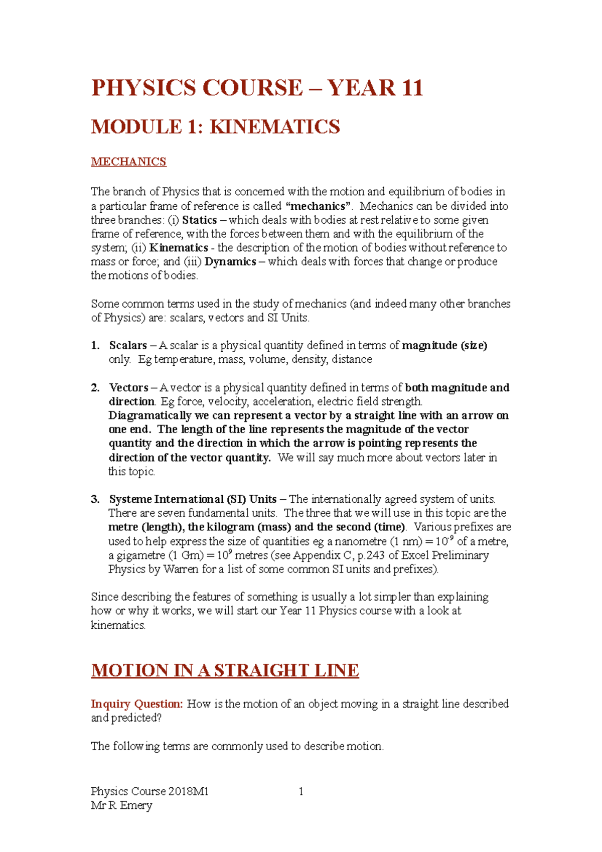 Module 1 Kinematics - PHYSICS COURSE – YEAR 11 MODULE 1: KINEMATICS ...