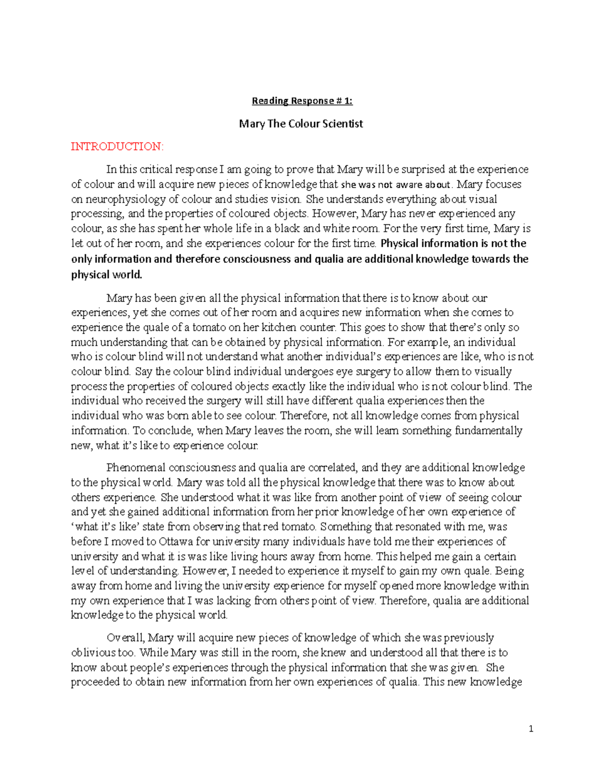 Reading Response Template [Your Name Here] - Reading Response # 1: Mary ...