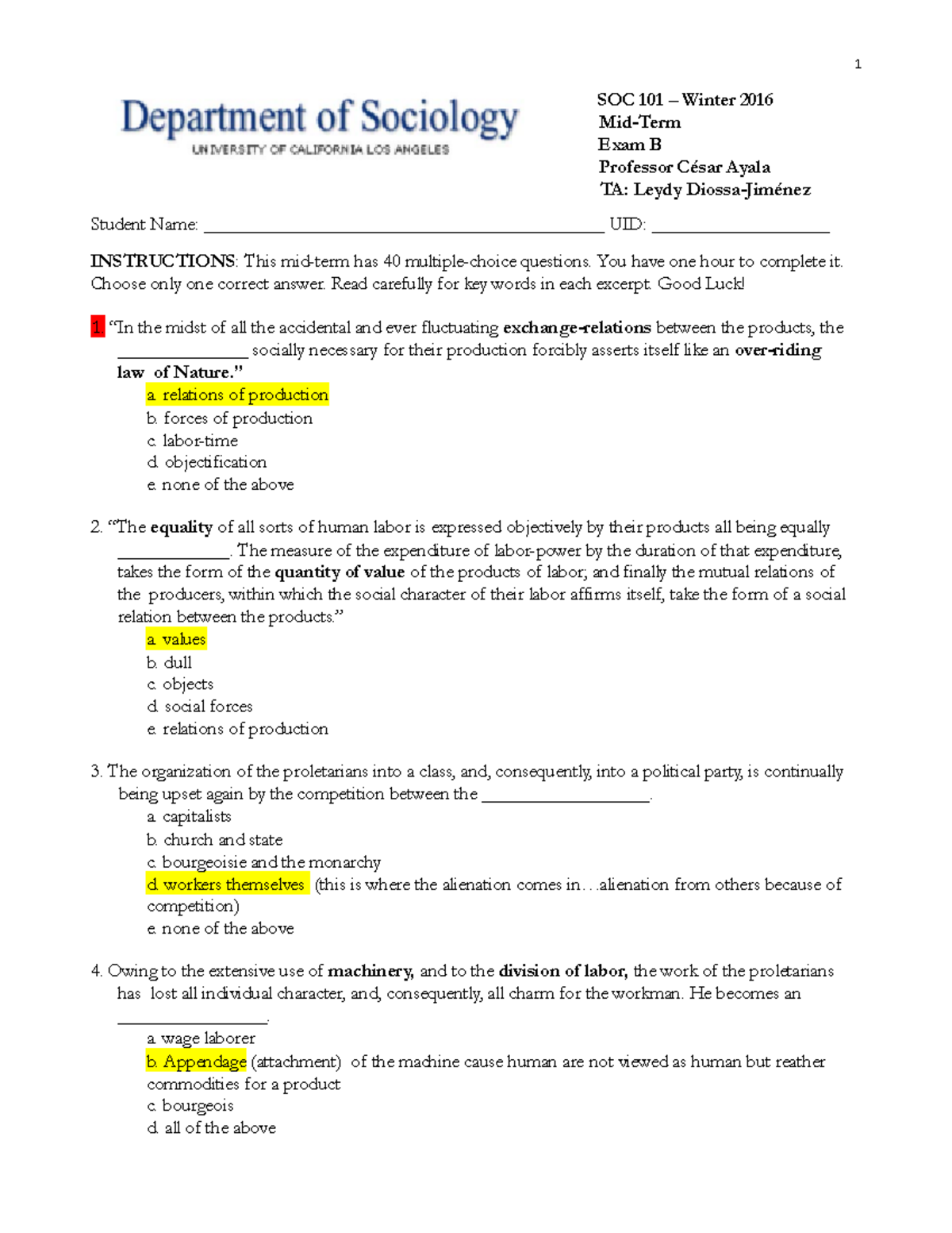 Sociology midterm study - 1 SOC 101 – Winter 2016 Mid-Term Exam B ...