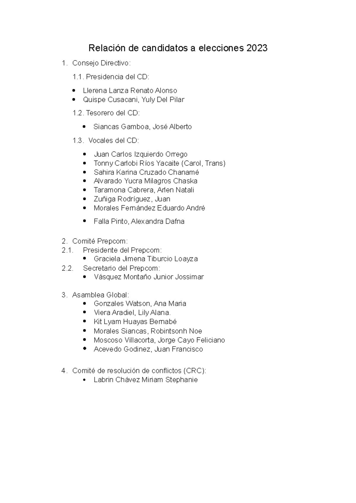 Relación de candidatos a elecciones 2023 - Consejo Directivo: 1 ...