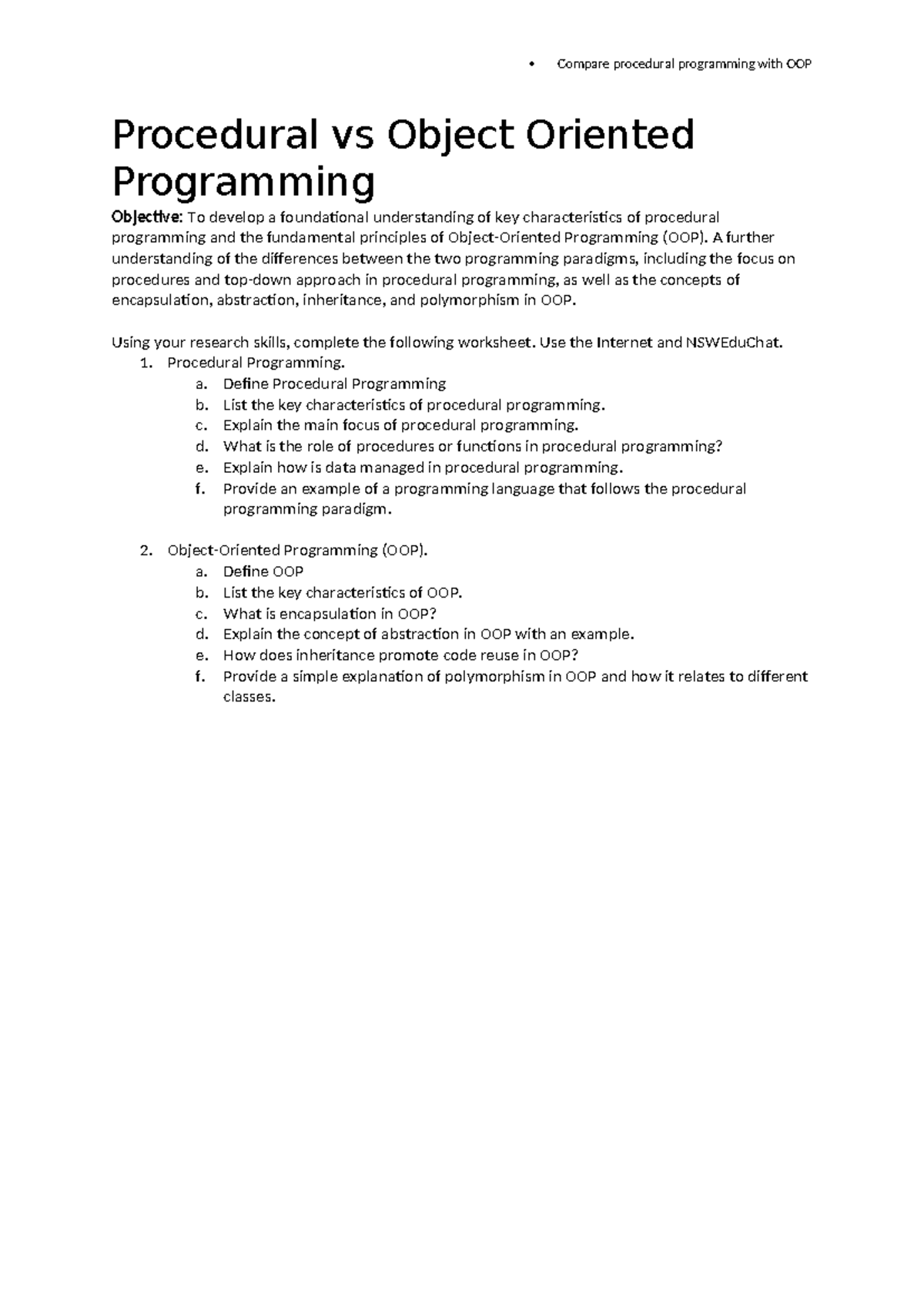 9. Procedural vs Object Oriented Programming Worksheet - Compare procedural programming with OOP ...