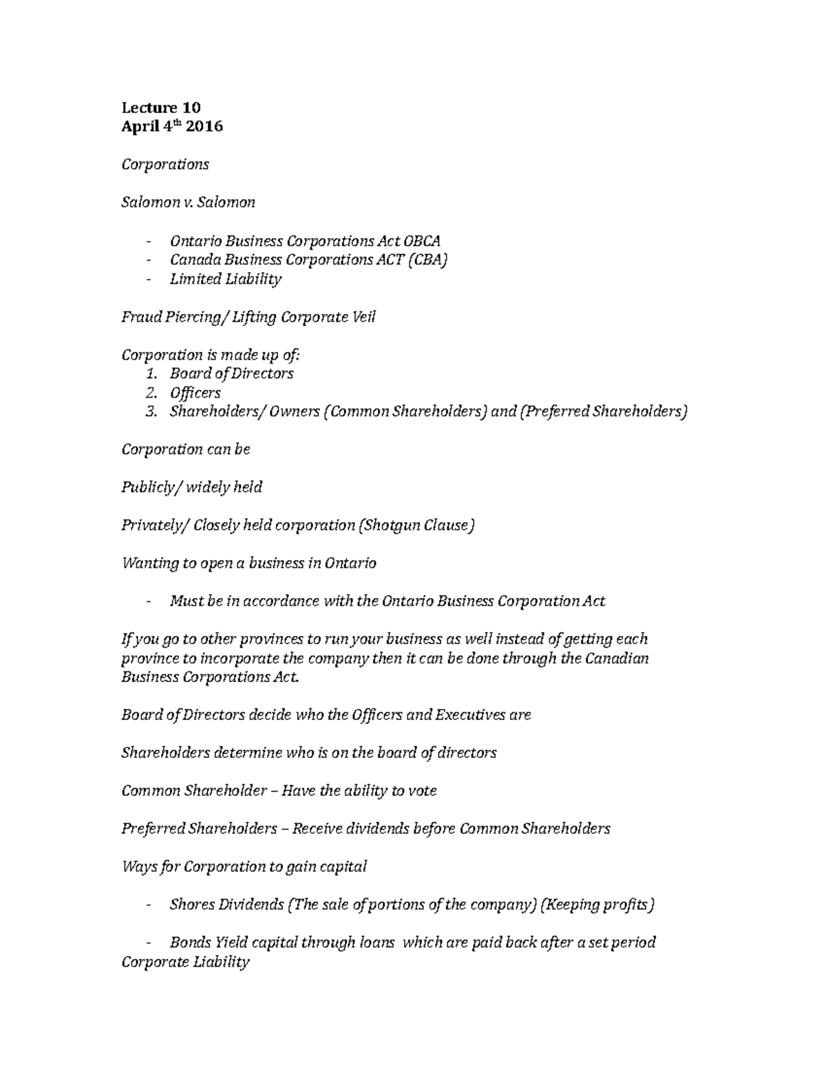 MCS 3040 - Lecture 10 - Notes - Lecture 10 April 4th 2016 Corporations ...