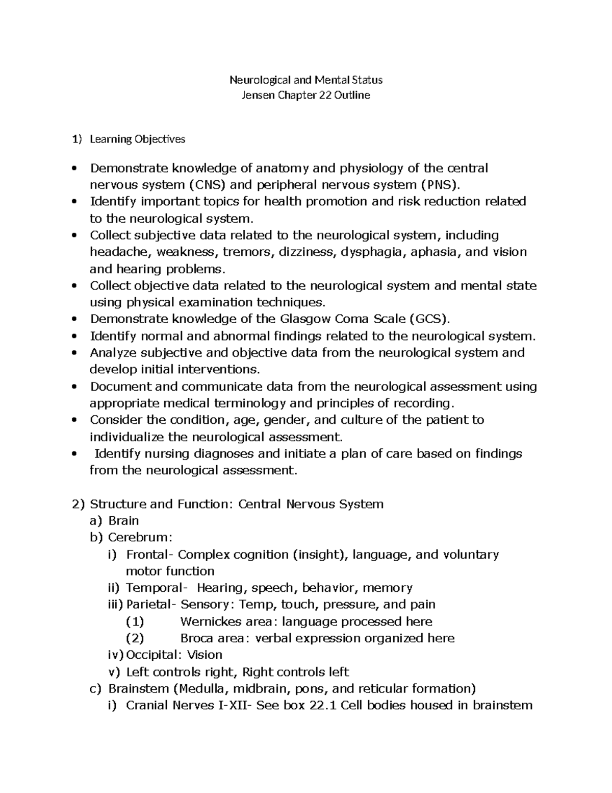 Neurological and Mental Status. Jensen Chapter Outline - Neurological ...