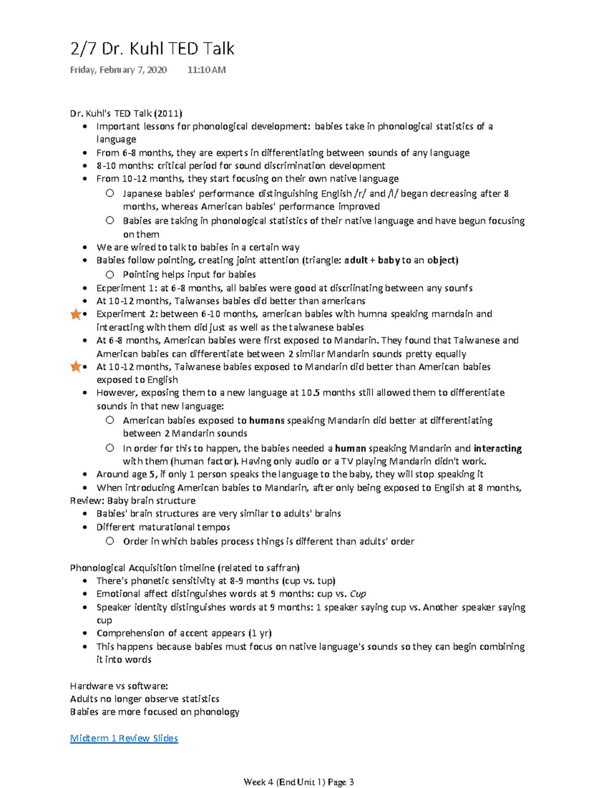 Unit 1 Kuhl TED Talk Notes - Dr. Kuhl's TED Talk (2011) Important ...