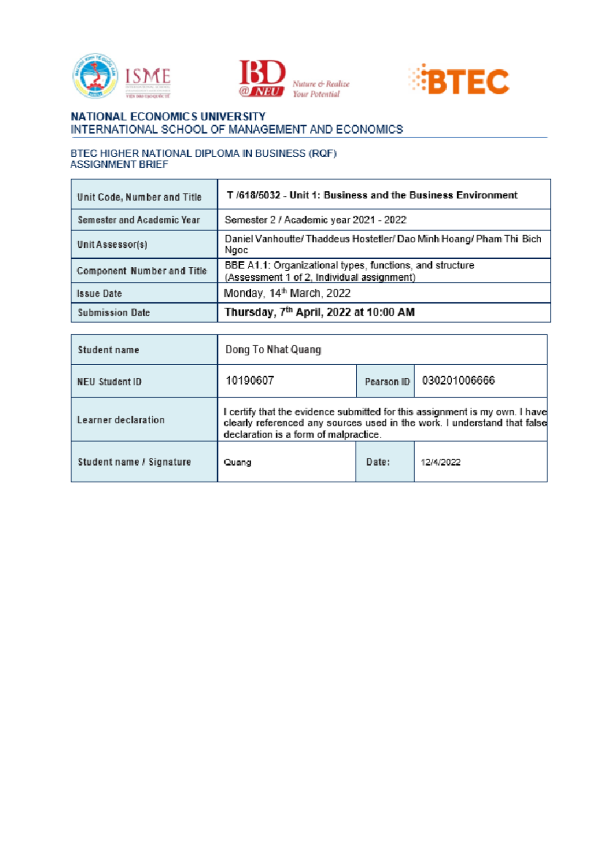 10190607 BBE A1.1 Dong To Nhat Quang - Contents - Studocu