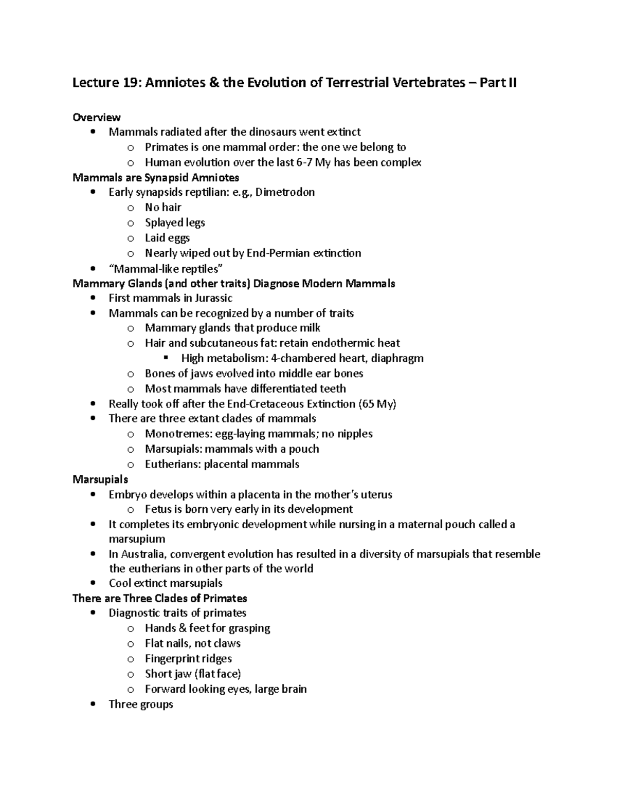 Lecture 19 - Harris - Lecture 19: Amniotes the Evolution of Terrestrial ...