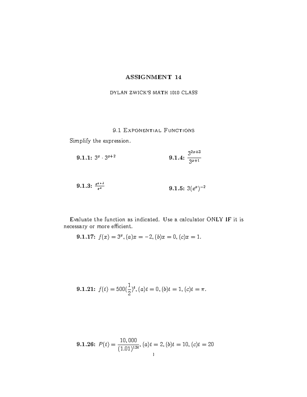 Seminar assignments - Assignment 14 - ASSIGNMENT 14 DYLAN ZWICK’S MATH ...