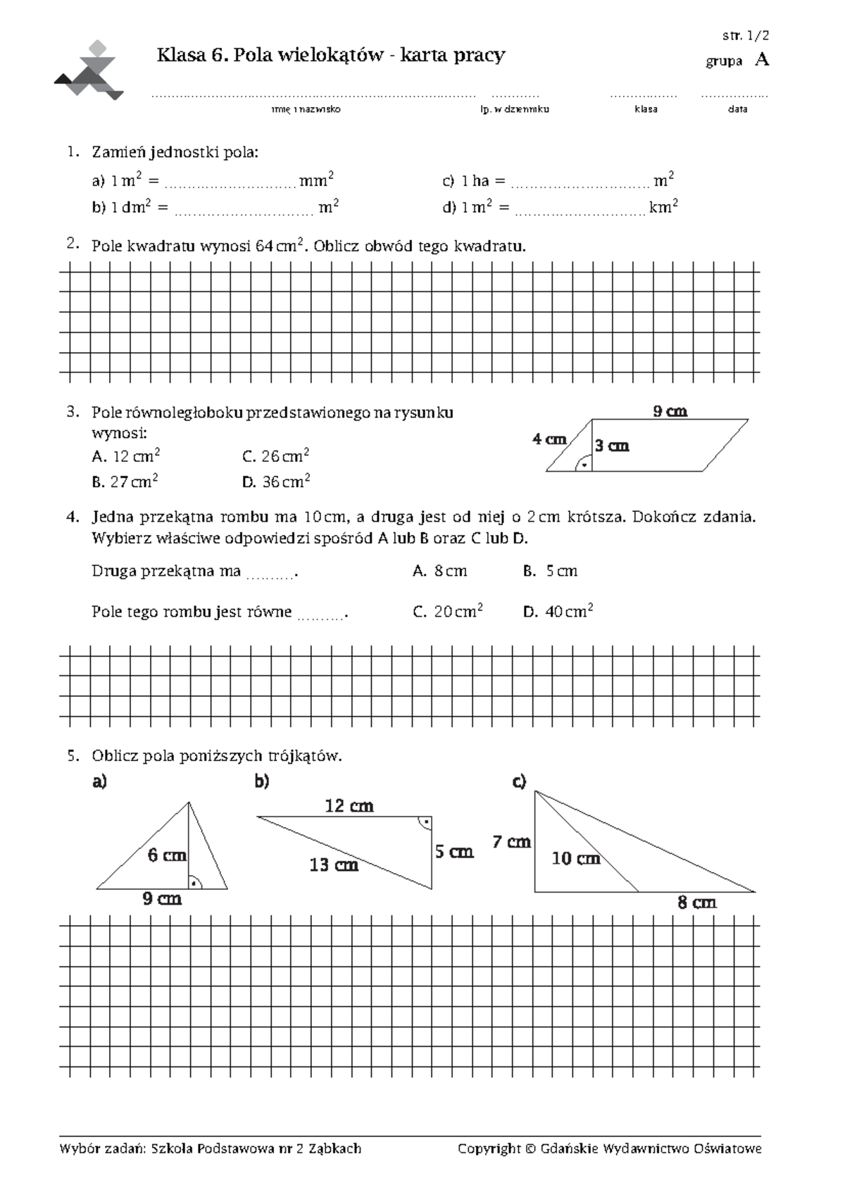 Karta pracy kl 6 - pola wielokatow - Kopia - Kopia - Klasa 6. Pola wielokątów - karta pracy ...