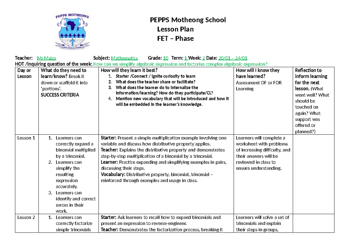 10 G10 Math Lesson Plan W2 - PEPPS Motheong School Lesson Plan FET ...