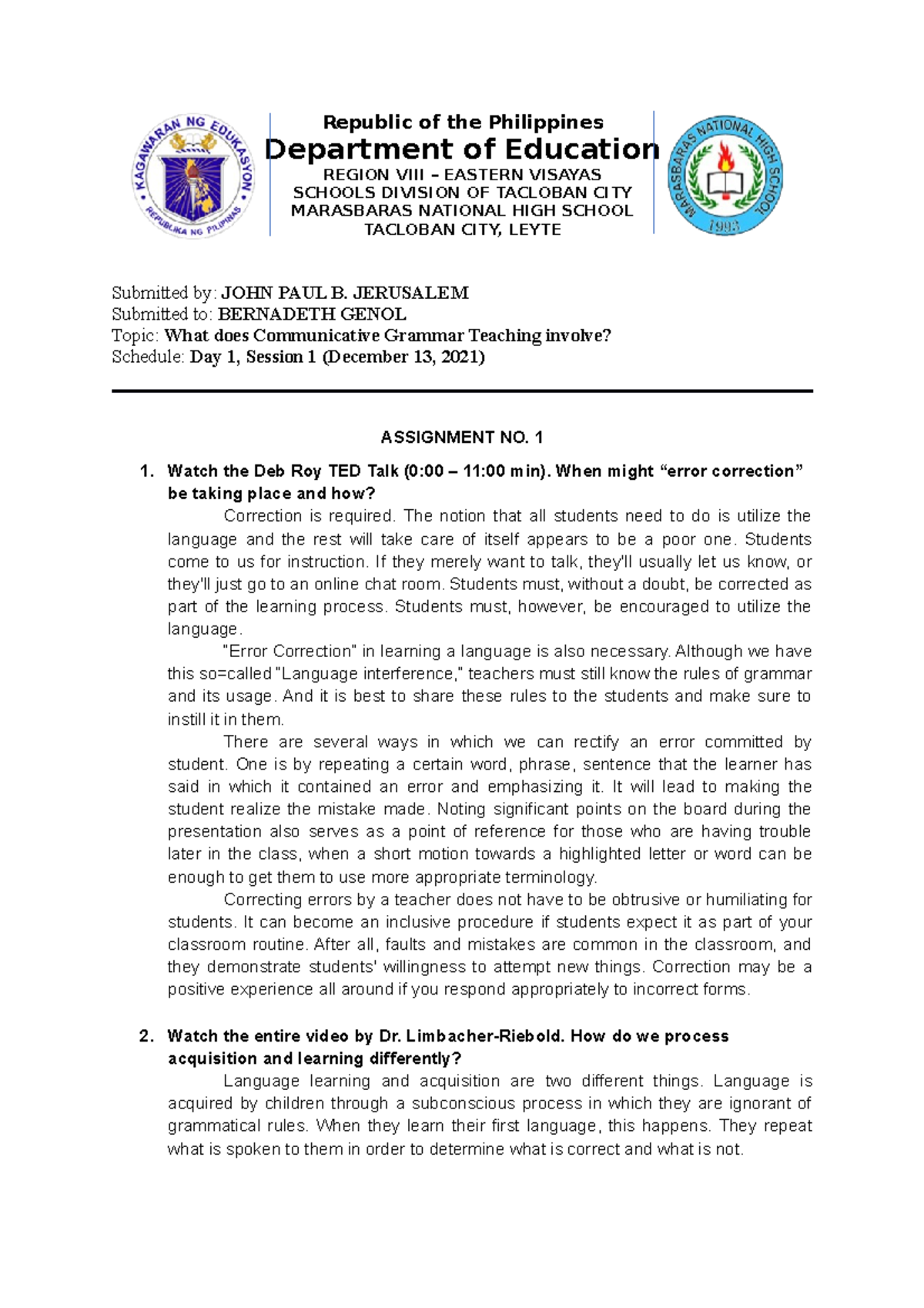 Assignment No. 1 - Republic of the Philippines Department of Education ...