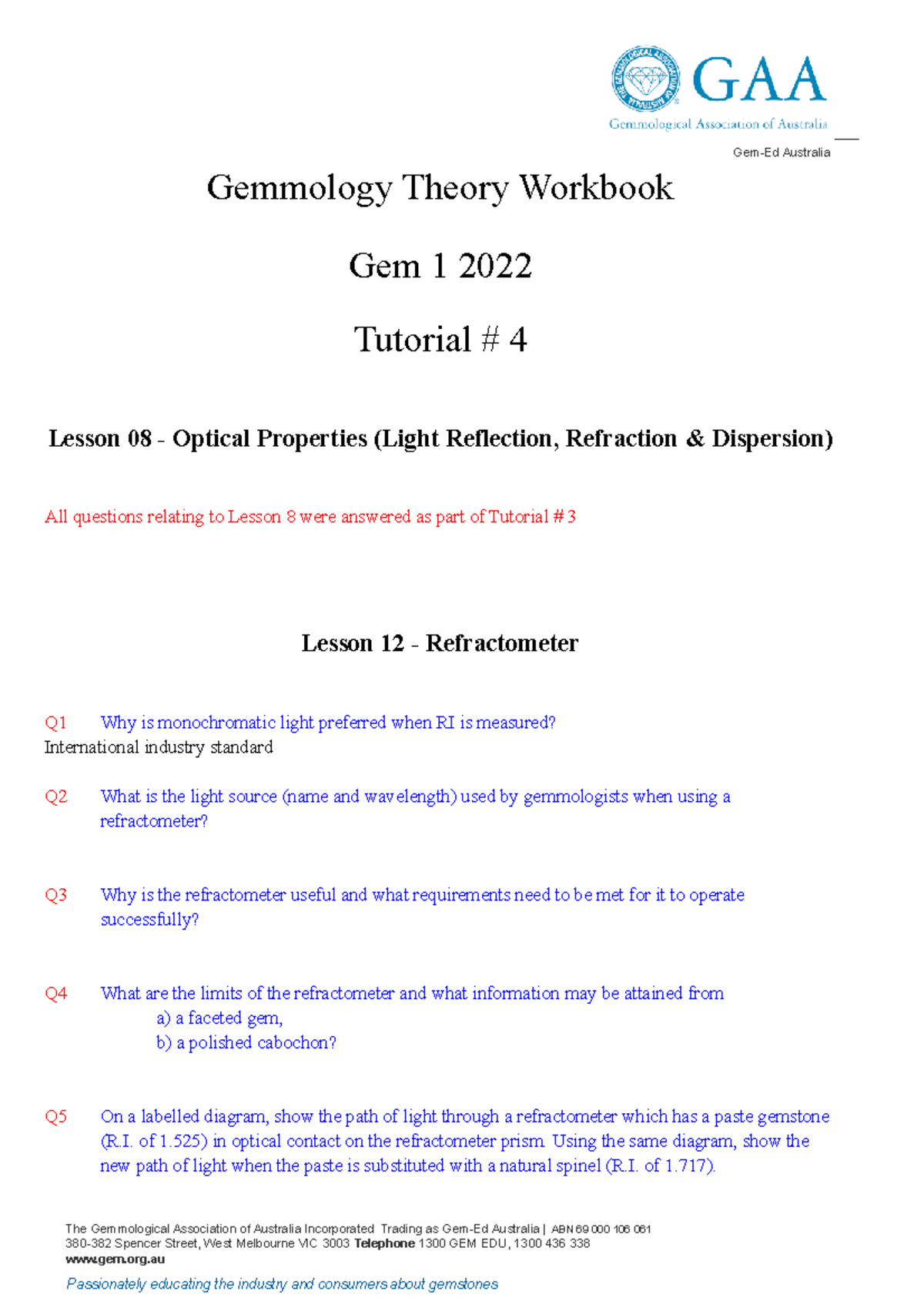 2023 G1 Theory Workbook Tutorial 4 - Gemmology Theory Workbook Gem 1 ...