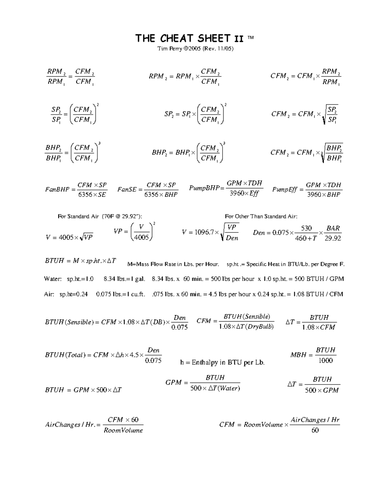Formulas Cheat Sheet II 1105 - THE CHEAT SHEET II ™ Tim Perry ©2005 ...