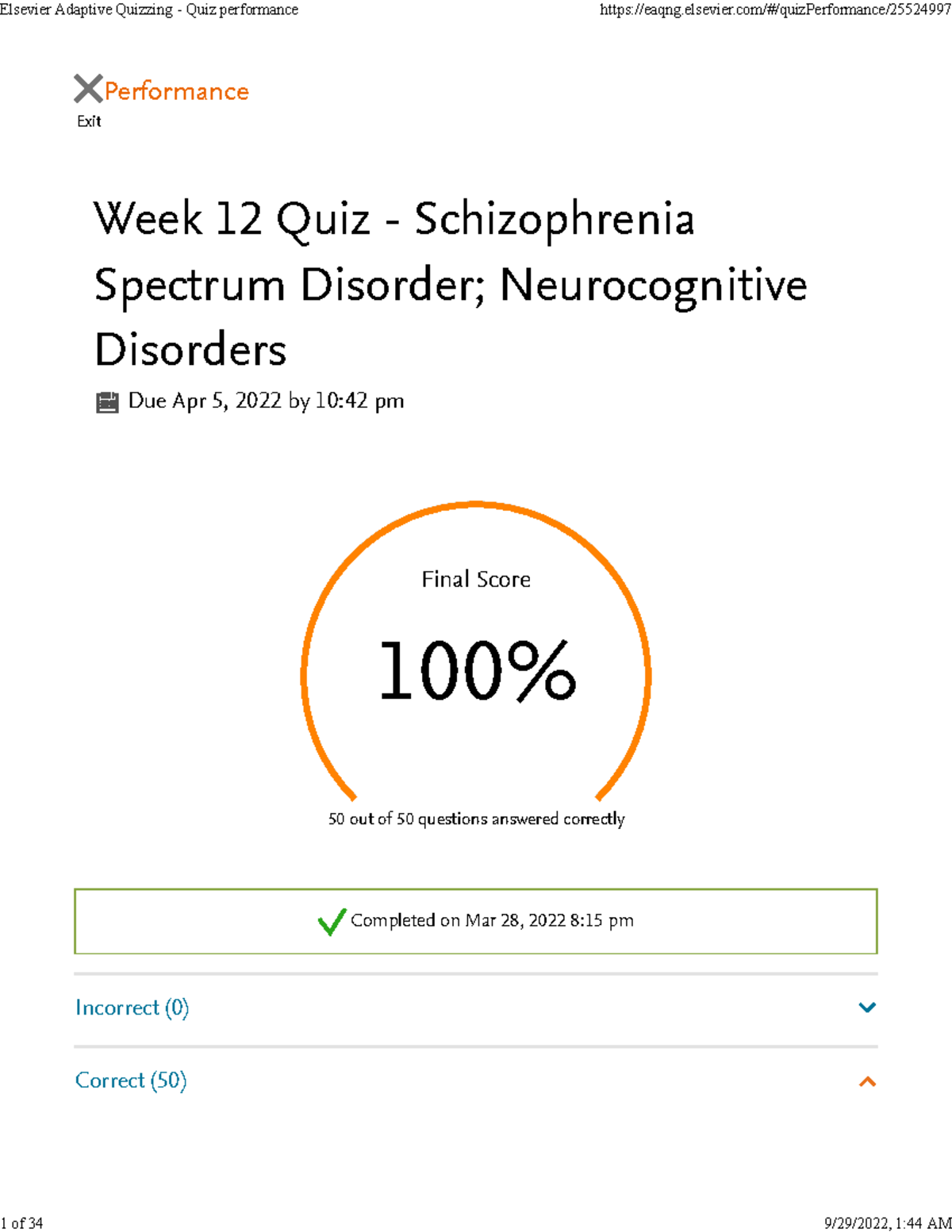 adaptive quizzes - Exit Performance Week 12 Quiz - Schizophrenia ...