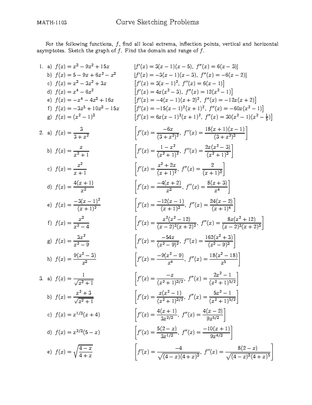 Curve Sketch - MATH-1103 Curve Sketching Problems For the following ...