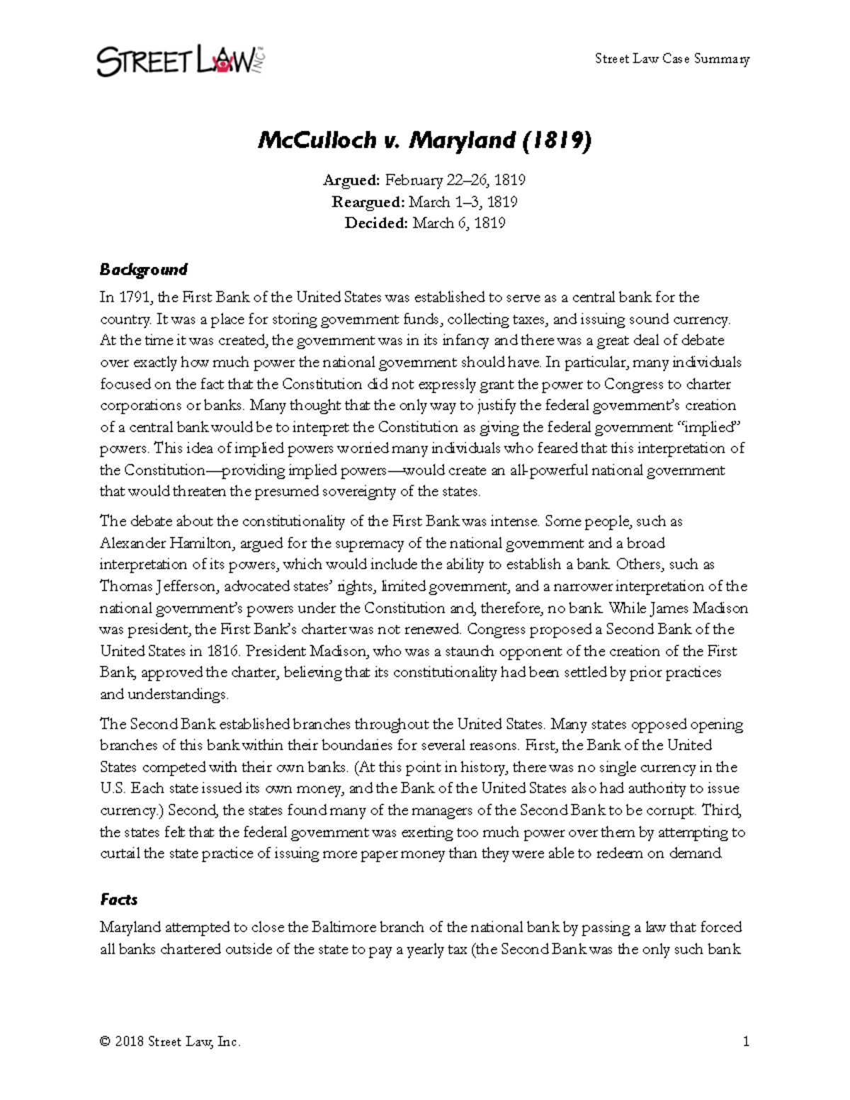 Mcculloch v maryland final - Street Law Case Summary McCulloch v ...
