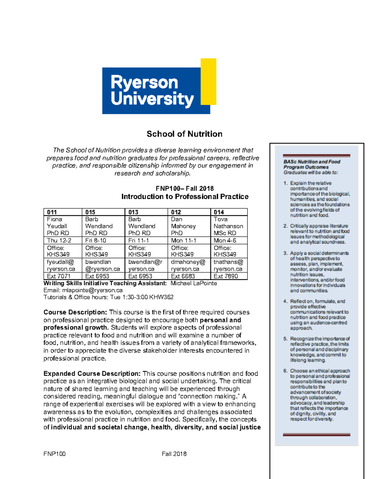 Intro to Pro practice course outline - School of Nutrition The School ...