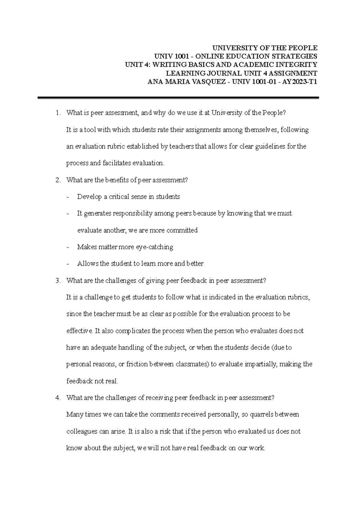 Written Assignment UNIT 4 - ANA Maria Vasquez - UNIVERSITY OF THE ...
