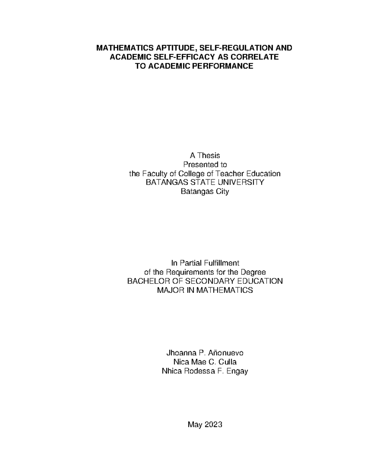 BSED MATH - Añonuevo, Culla, Engay - Full Manuscript - MATHEMATICS APTITUDE, SELF-REGULATION AND ...