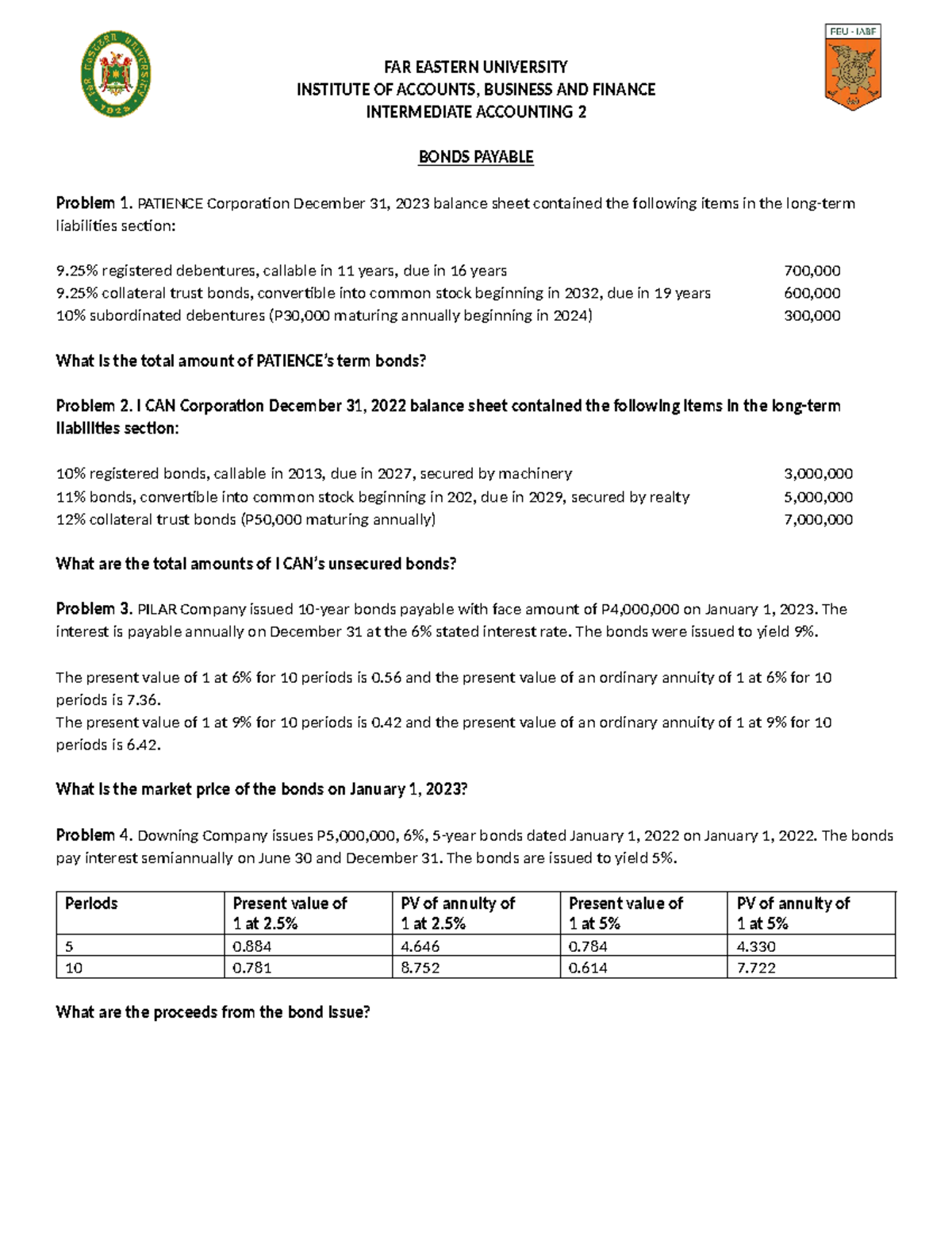 04. Bonds Payable Problems - FAR EASTERN UNIVERSITY INSTITUTE OF ...