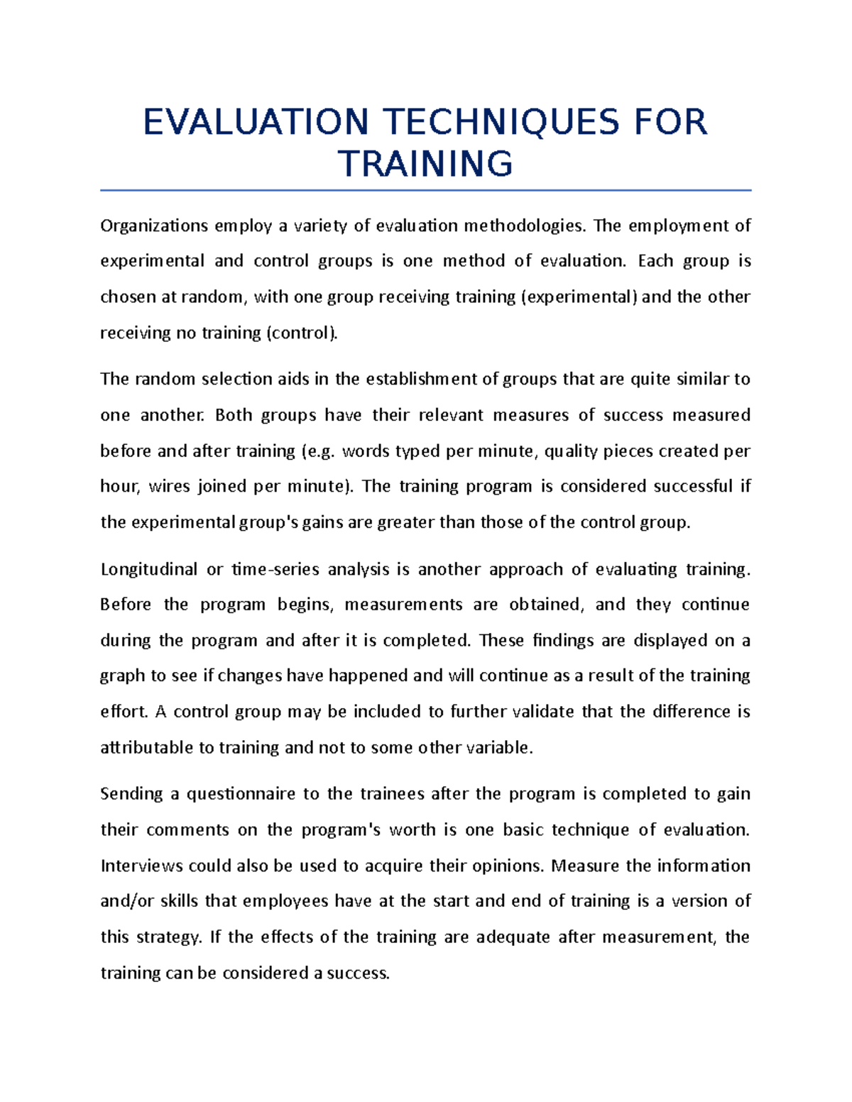 Evaluation Techniques FOR Training EVALUATION TECHNIQUES FOR TRAINING evaluation-techniques-for-training-evaluation-techniques-for-training