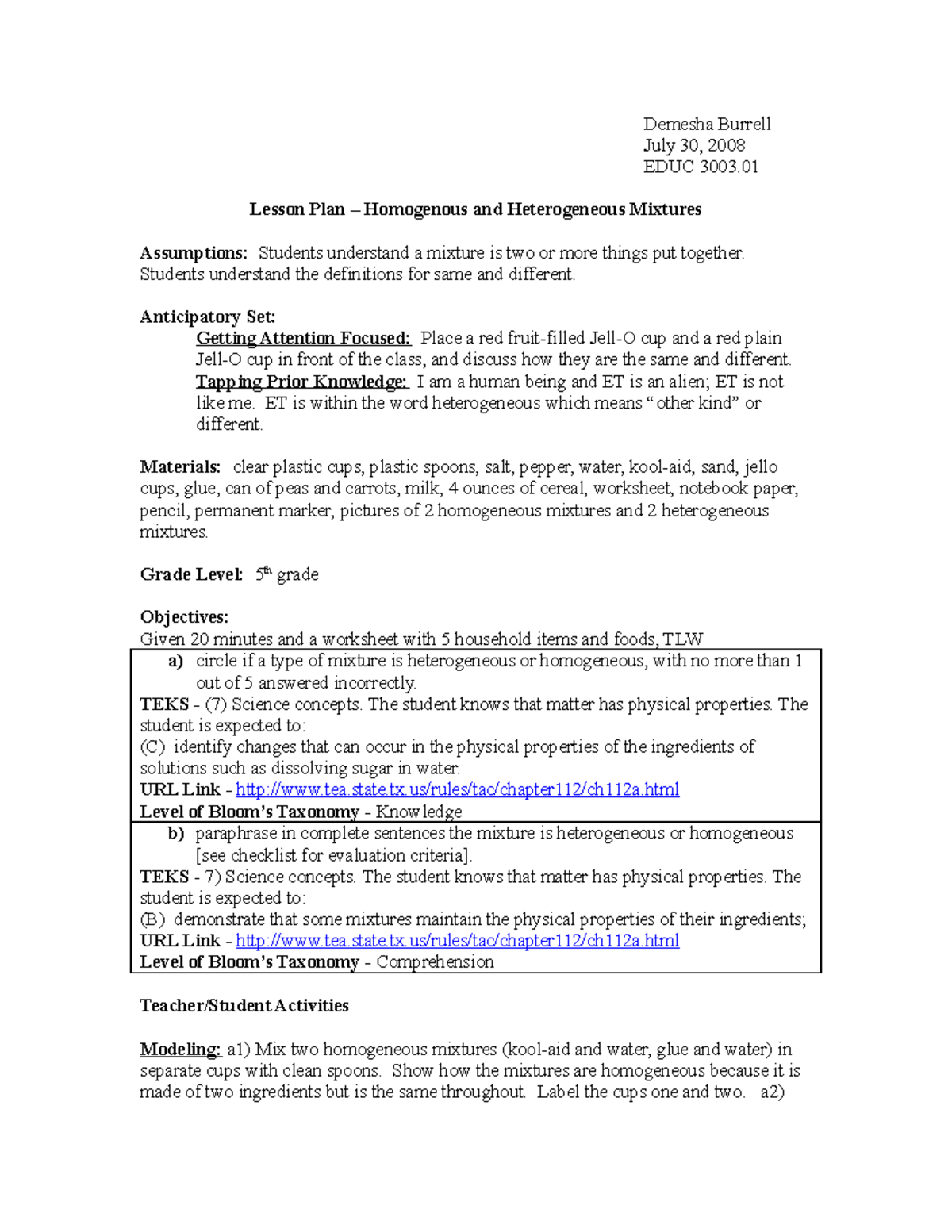 Lesson-plan - lesson plan - Demesha Burrell July 30, 2008 EDUC 3003 ...