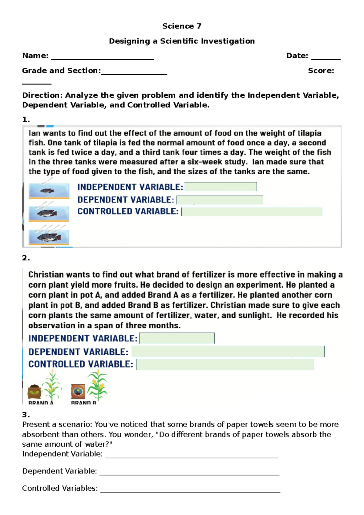 Variables in A Scientific Investigation - Science 7 Designing a ...