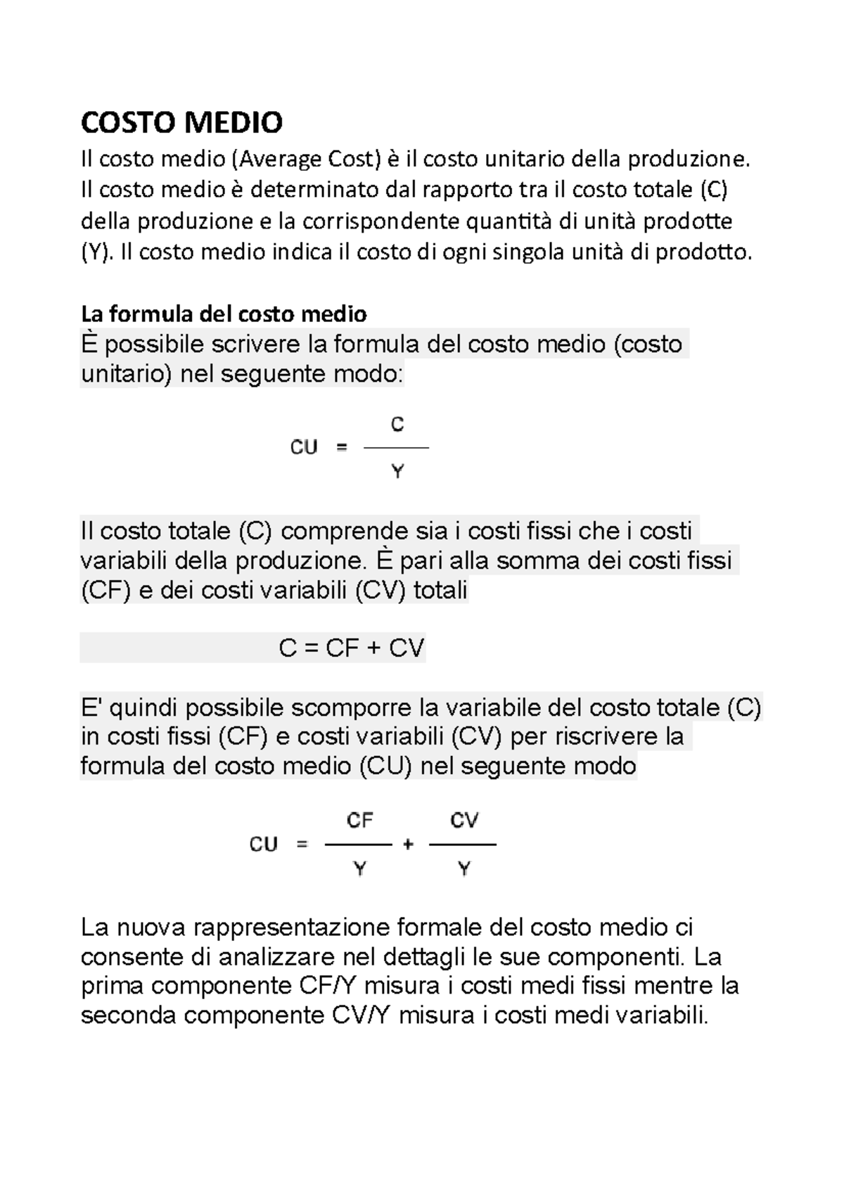 Costo medio - Microeconomia prof Ciccone - COSTO MEDIO Il costo medio ...