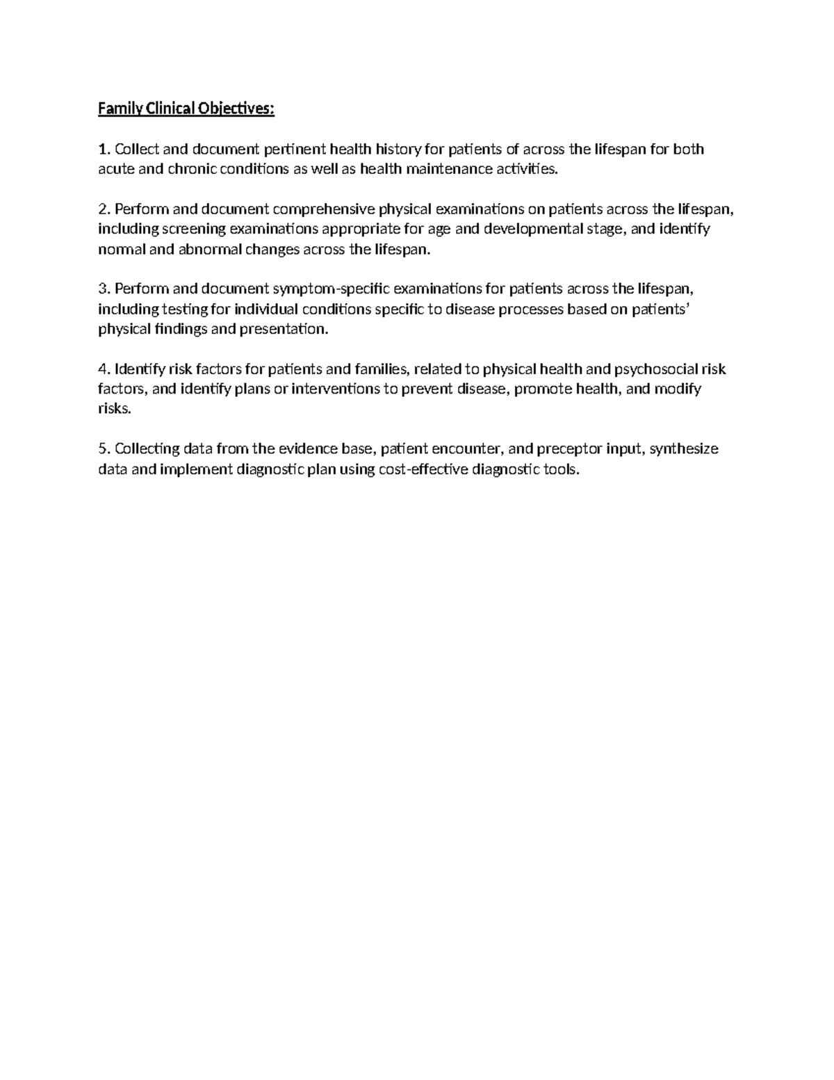 Family Clinical Objectives - Family Clinical Objectives: Collect and ...