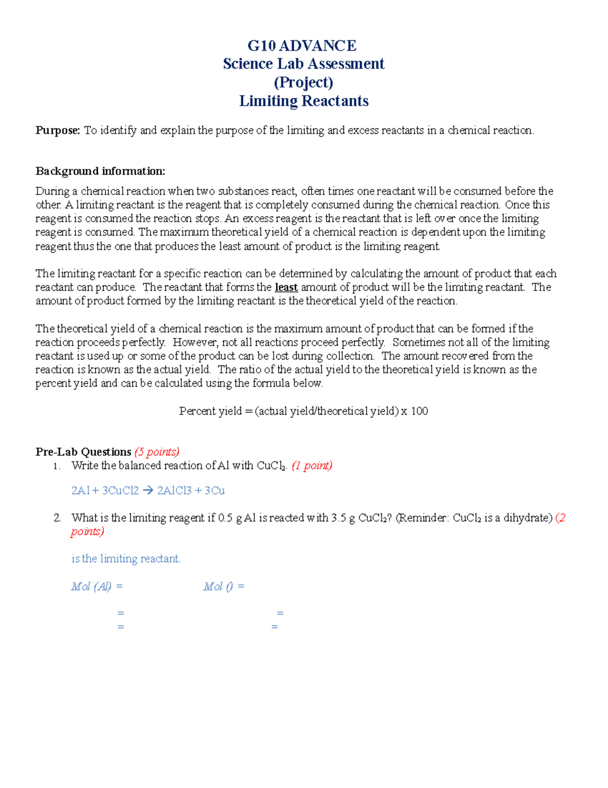 Project Limiting Reactants assigment - G10 ADVANCE Science Lab Assessment (Project) Limiting ...