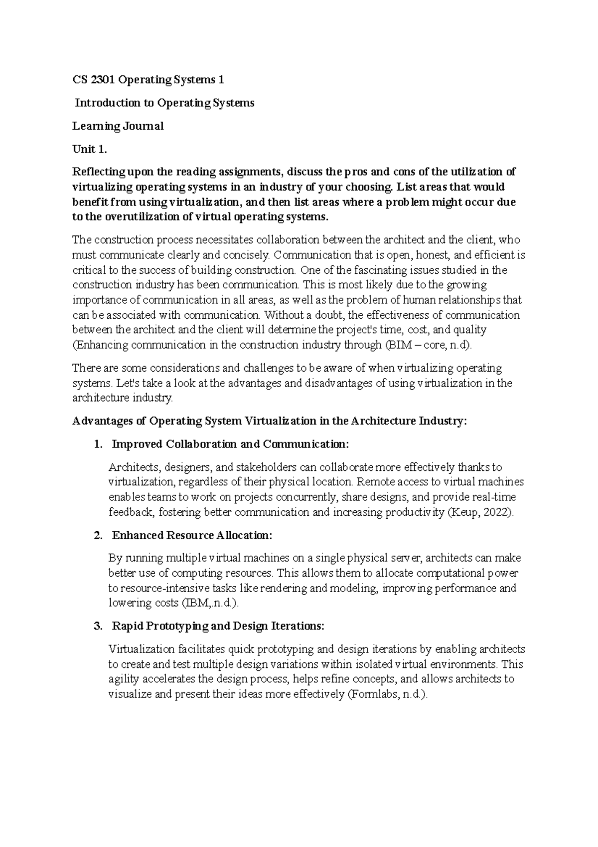 CS 2301 Learning Journal Unit 1 - CS 2301 Operating Systems 1 Introduction to Operating Systems ...