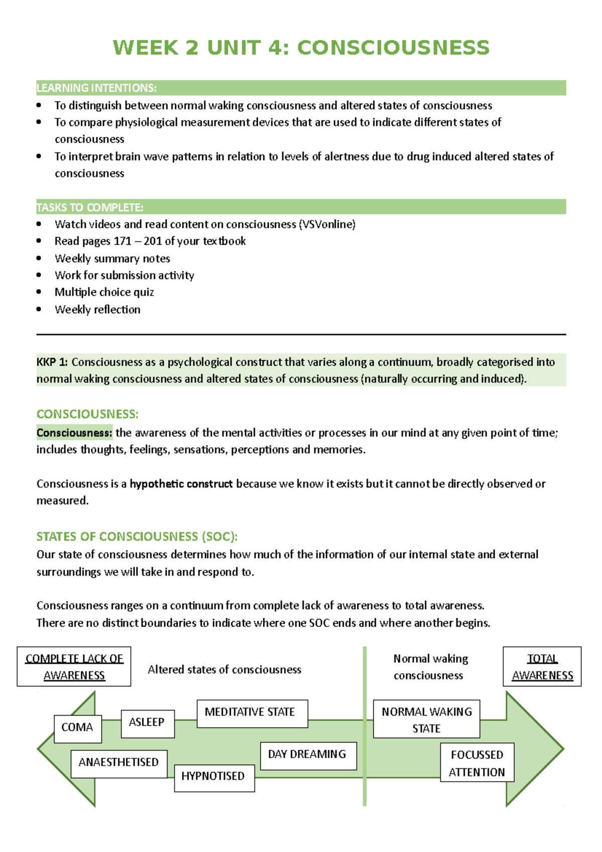 Week 2 Unit 4 Summary Notes - WEEK 2 UNIT 4: CONSCIOUSNESS LEARNING ...