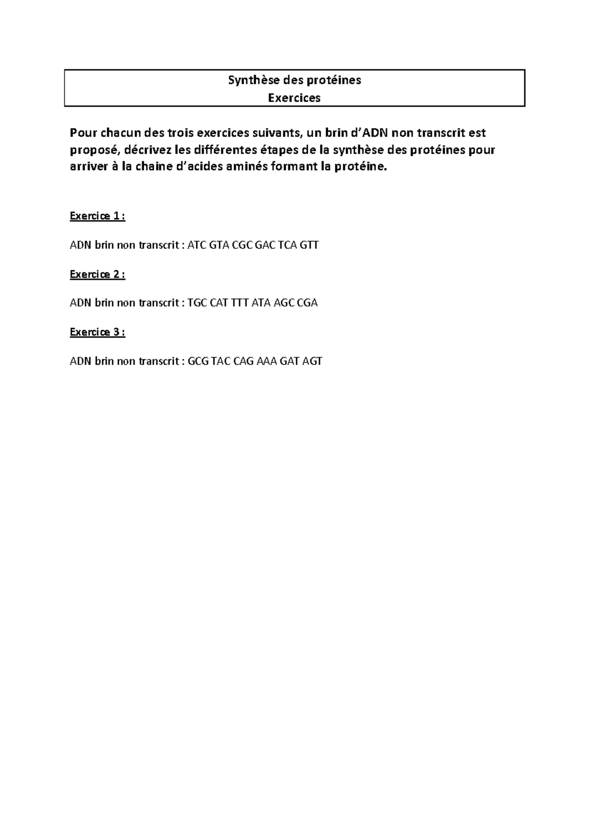 Exercices synthese proteines - Synthèse des protéines Exercices Pour ...